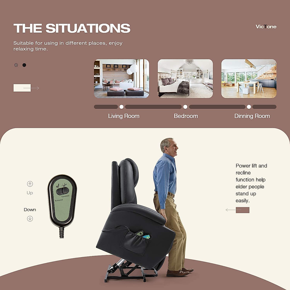 VICTONE Electric Power Lift Recliner Chair for Elderly Reclining Sofa for Living Room with Massage and Heat, Side Pockets and Cup Holders (Leather, Black)