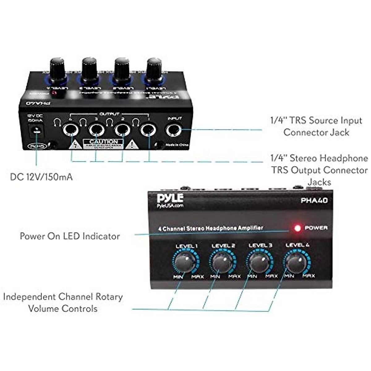 PYLE-PRO 4-Channel Portable Stereo Headphone Amplifier-Professional Multi-Channel Mini Earphone Splitter Amp w/4 ¼” Balanced TRS Headphones Output Jack and 1/4' TRS Audio Input For Sound Mixer-PHA40.