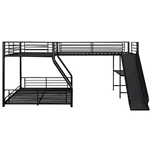 Triple Bunk Beds with Slide L-Shape Low Bed Attached a Loft Desk Twin Over Full Metal Corner 3 for Three Kids Boys Girls Teens, Black