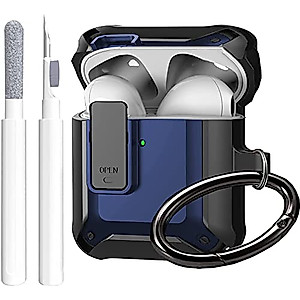 Airpods Case Cover Lock Clip Men with Cleaning Kit, GARTOO Armor Protective Cover with Cleaning Pen Compatible with Airpod 1/2 Case, Shockproof Rugged Shell for Air Pods Charging Case (Black/Blue)