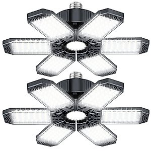XINGHUANLIT Garage Lighting 2 Pack - 200W 20000LM LED Garage Lights 6500K with 6+1 Adjustable Panel, Screw in E26/E27 Bulb Socket LED Shop Lights, Ceiling Lights for Garage Workshop Lighting