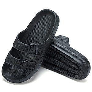 welltree Slides for Women Men Pillow Slippers Double Buckle Adjustable Sandals EVA Recovery Slides,Black,12 Women/10 Men