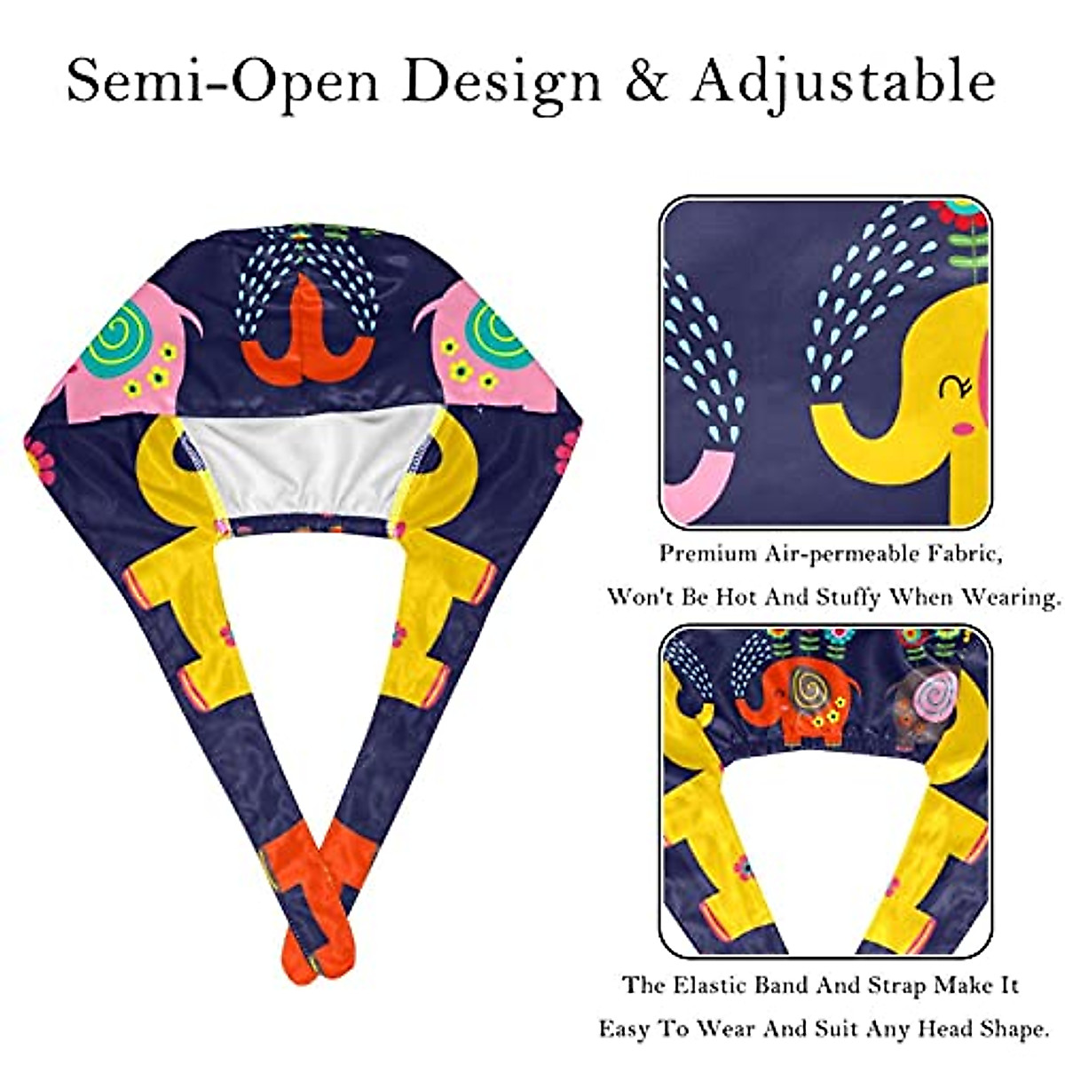 2 PCS Working Cap with Buttons and Sweatband Unisex Adjustable Tie Back Hats Bouffant Caps Cute Cartoon Boho Elephant Water Spray Sunflower Scrub Hat Turban Cap