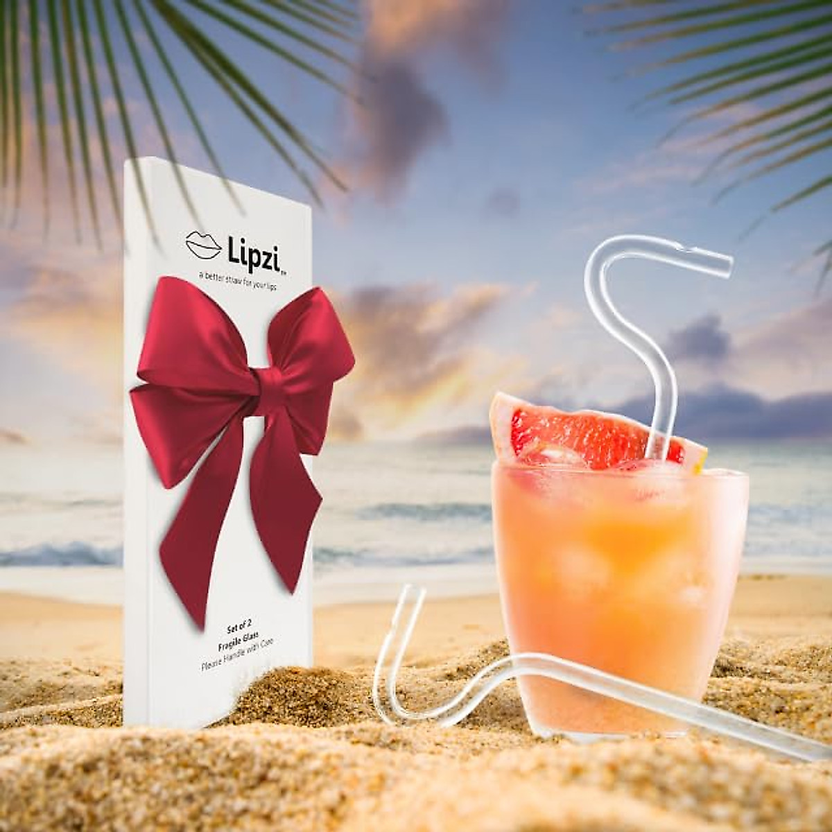 Lipzi reusable glass drinking straw, flute style design for engaging lips horizontally, set of 2