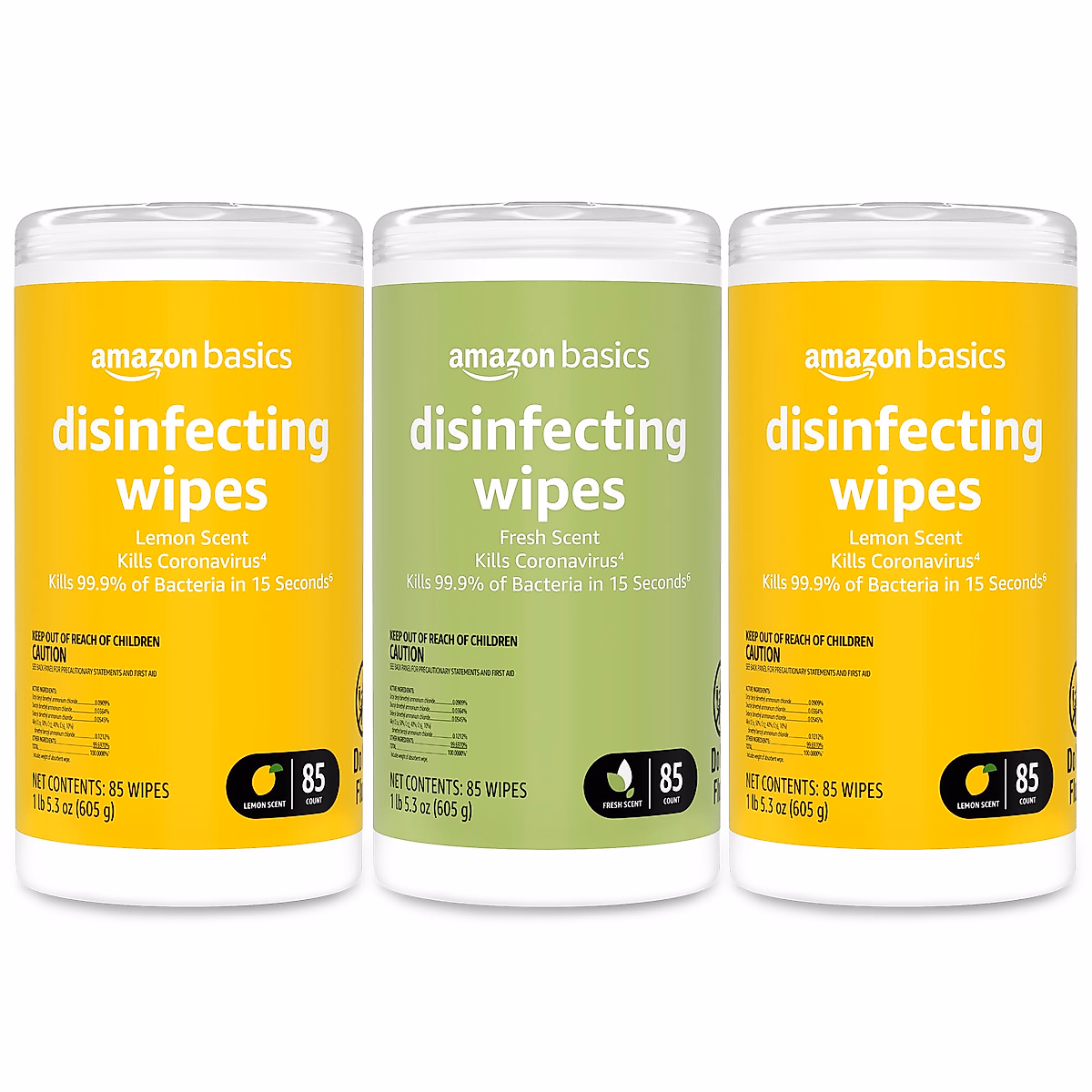 Amazon Basics Disinfecting Wipes, Lemon Scent & Fresh Scent, Sanitizes/Cleans/Disinfects/Deodorizes, 85 Count: Pack of 3 (Previously Solimo)