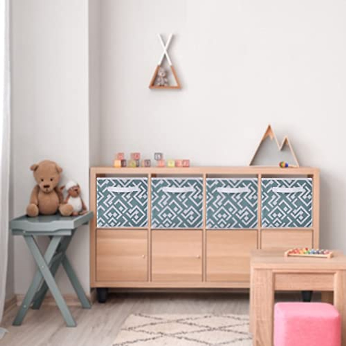 4 pc Cube Storage Bin Set – 11 inch Foldable Storage Cubes - Fabric Bins for Shelf, Closet, Clothes Organizer, 11X11 Foldable Basket, Decorative Cute Pattern Canvas Organization (Yellow, Blue & Brown) (Blue)