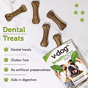 V-dog Dog Treats - Vegan Breathbone Teeth Cleaning Dental Dog Bones - Fresh Breath - 8 Ounces - All Natural - Made in USA - 6 Bones - 4" Long - Easy to Digest
