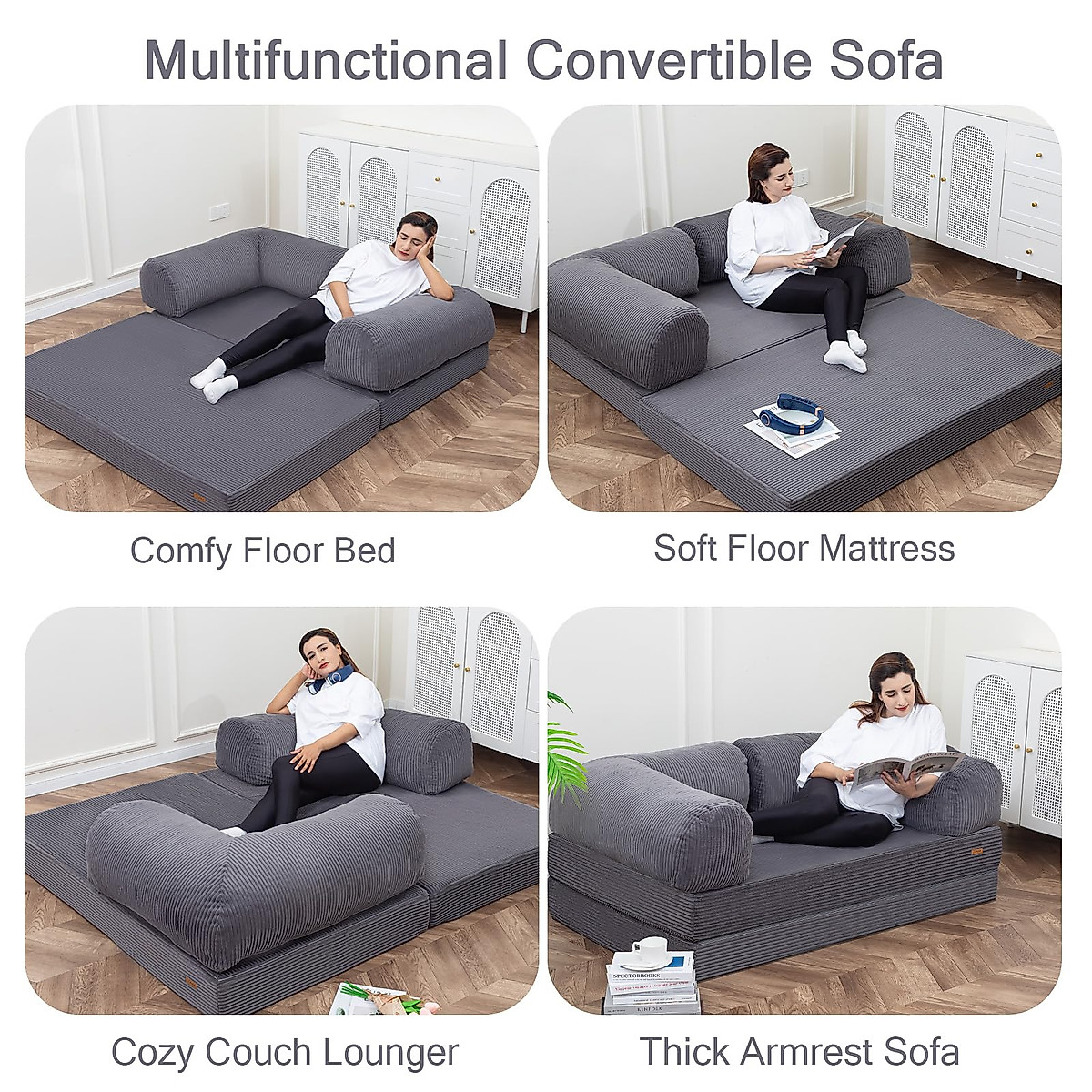 COMAX Folding Sofa Bed, Convertible Sofa Queen Floor Couch with L-Shaped Armrests, Foldable Futon Chair Bed Sleeper Mattress Fold Out Comfy Lounge for Living Room Bedroom, Dark Grey