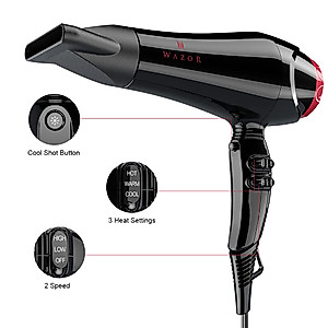 Professional Negative Ionic Hair Dryer, 1875W Salon Lightweight Blow Dryer with Pro AC Motor, Fast Dryer with Concentrator Nozzle and 2 Speed & 3 Heat Settings, Black