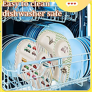 Roshtia 10 Pcs Cartoon Bamboo Kids Dinnerware Set Dinosaur Car Plate and Bowl Set Dishwasher Safe Kids Dish Set Toddler Plates and Utensils Set Car Dinosaur Forks and Spoons for Kids with Cup