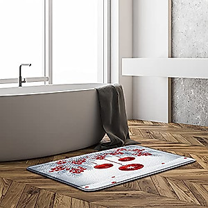 YSATNSFT Merry Christmas Bath Mat Red Christmas Ball White Snow Pine Leaf Berry Winter Snowfield Festive Theme Bathroom Bedroom Kitchen Toilet Rug Soft Memory Foam Backing,18x30 Inch