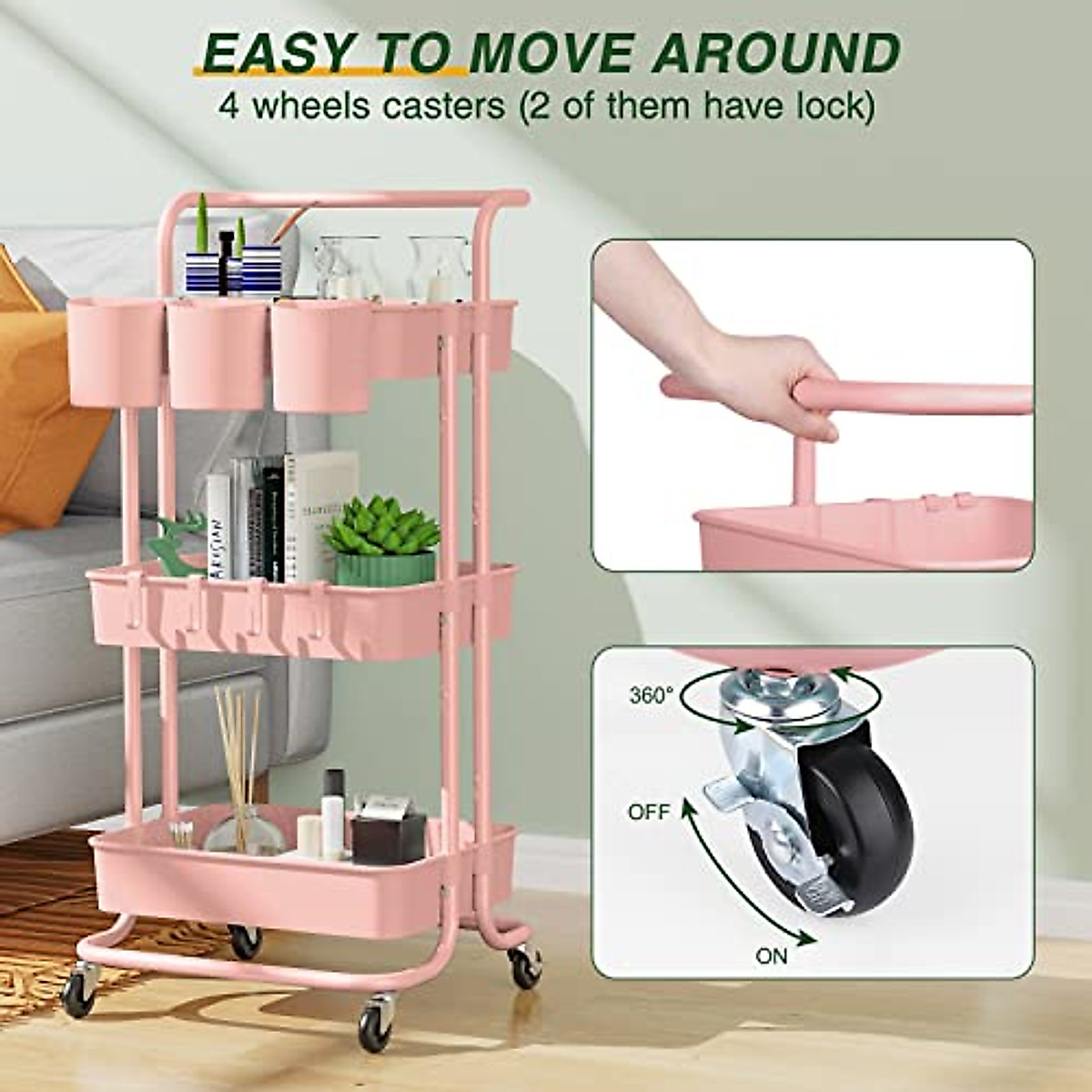 3-Tier Rolling Mobile Utility Cart with Hanging Cups & Hooks & Handle Multifunctional Organizer Storage Trolley Service Cart with Wheels Easy Assembly for Office, Bathroom, Kitchen(Pink)