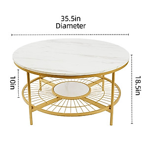Round Coffee Table for Living Room, Modern Coffee Table with Sun Shape Circle Open Storage,Marble Wooden Tabletop and Sturdy Metal Frame, White and Gold 35.5