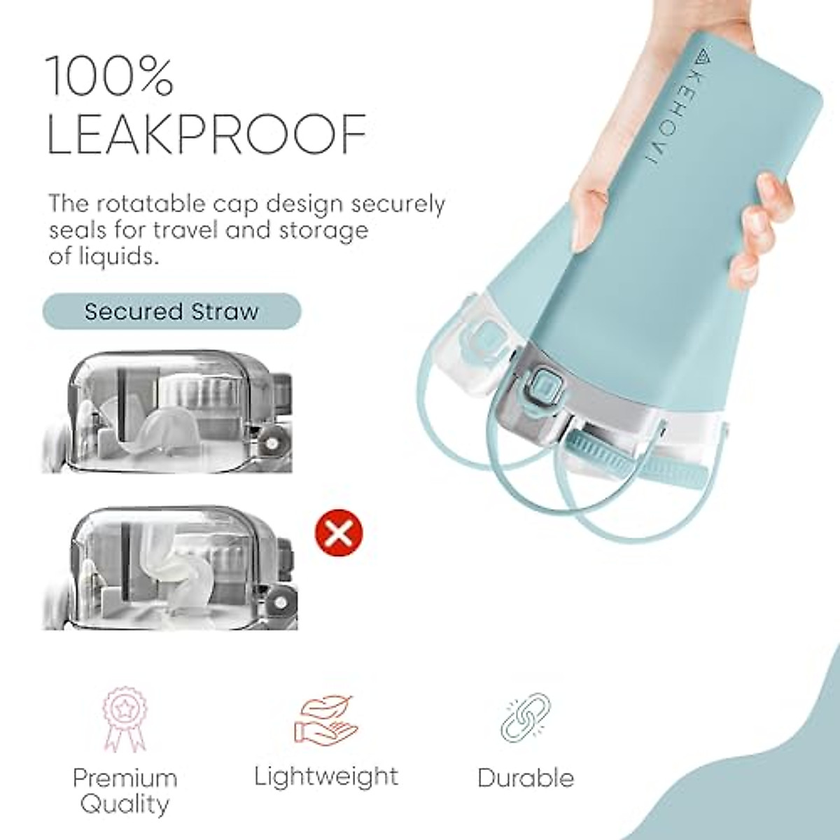 KEHOVI Collapsible Water Bottles, Leakproof Straw Clamping Lid. Reusable Foldable Portable Sports Water Bottle for Gym Camping Hiking Travel Must Have, BPA Free (Teal)