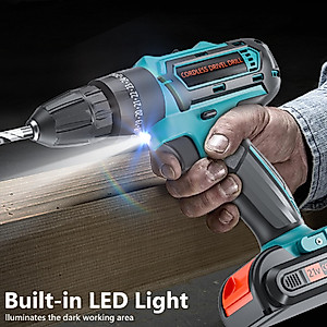 Cordless Power Drill Set with Battery and Charger,21V Cordless Drill Set, 25+3 Torque,2 Variable Speeds Electric Drill Set with 3/8'' Keyless Chuck,LED lights,2 Batteries