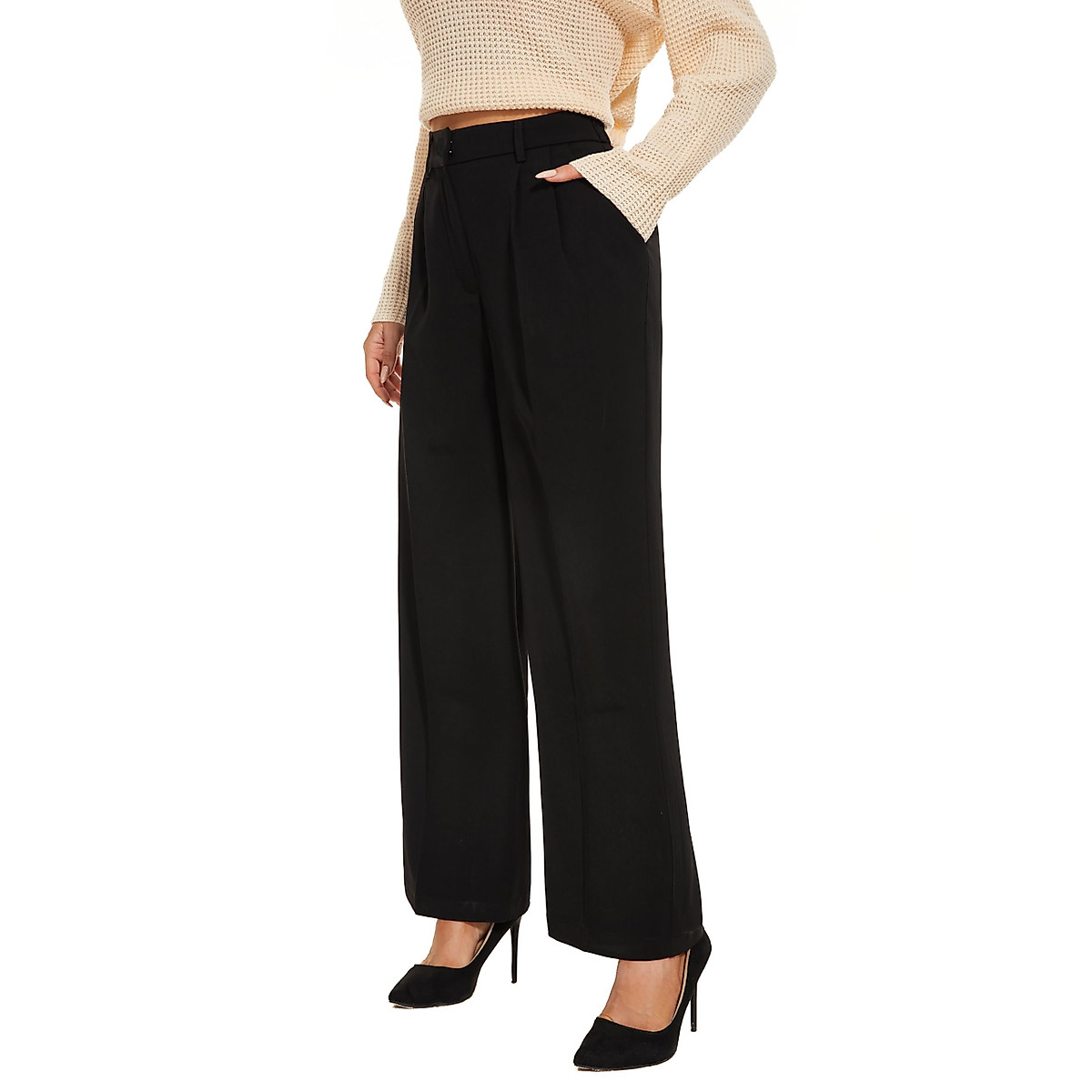 FUNYYZO Women Wide Leg Pants High Elastic Waisted in The Back Business Work Trousers Long Straight Suit Pants
