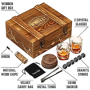 Whiskey Gift Set, 13 pcs Wooden Smoker + Old Fashioned Glasses - 2 pcs, in Wooden Box with Wood Chips, Whiskey Stones 6 pcs Included - Gift for Men (Torch Not Included)