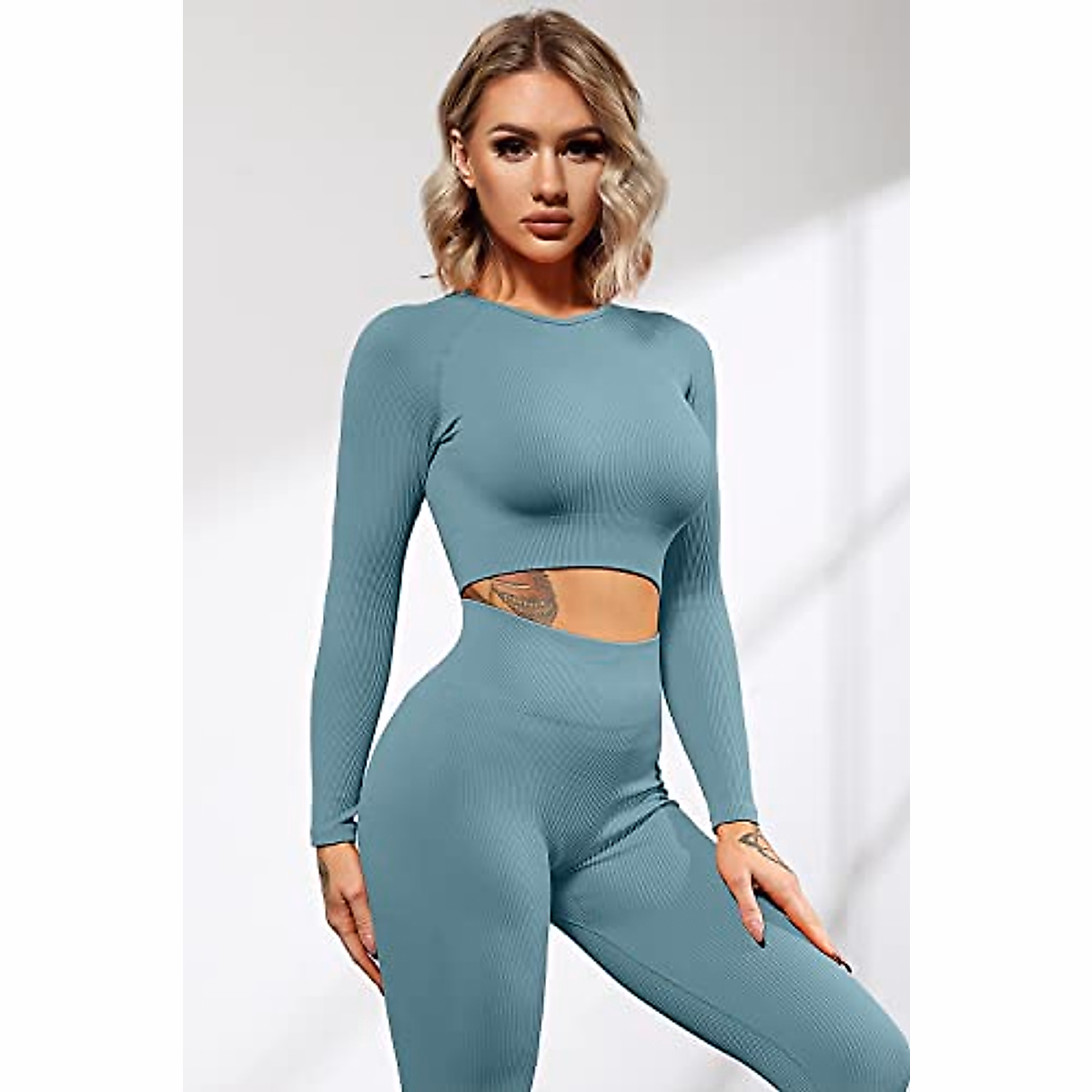 QINSEN Women's Winter Yoga Leggings 2 Piece Outfit Ribbed Seamless Long Sleeve Crop Top Sport Shirt Sets Tracksuit Blue M