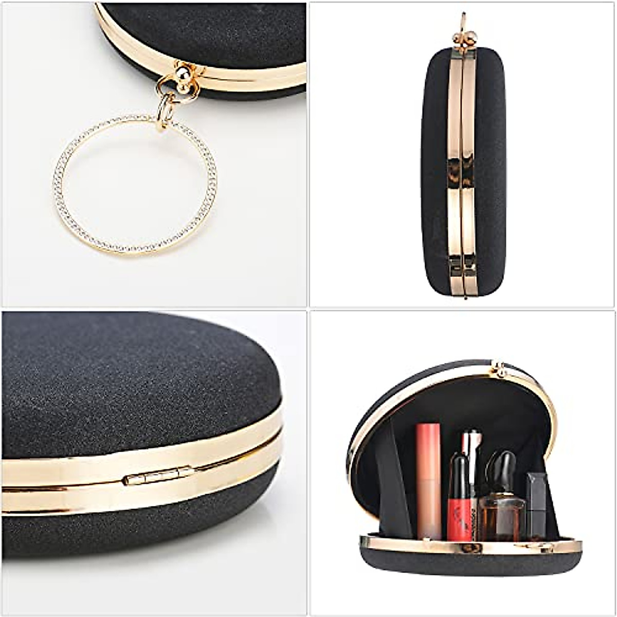 Round Evening Bag Sparkling Glitter Purse Rhinestone Top Handle for Party Cross Body Shoulder Bag for Wedding Bridal (Black)