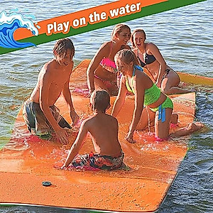 12'x6' Floating Water Pad, 3 Layers XPE Foam Water Mat, Tear-Resistant Lily Pad Lilly Pad with Tethering System, Floating Mat for Lake, Recreation Pool, Beach, Ocean, Orange/Green