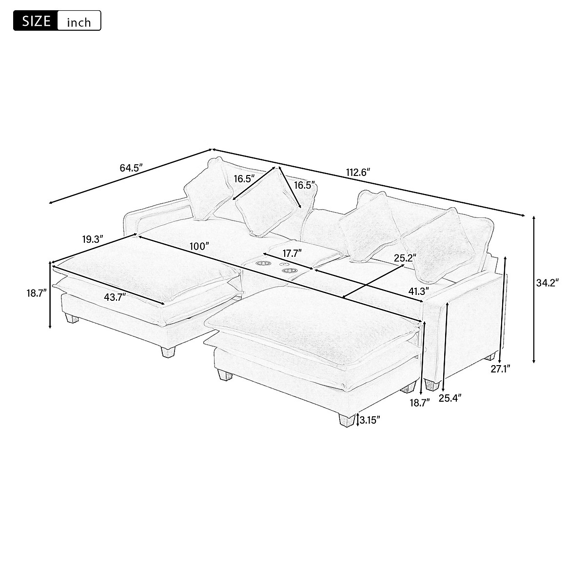 Merax Sectional Sofa Chenille Upholstered with 2 Removable Ottoman, 2 USB Ports, 2 Cup Holders Large Storage Box for Living Room, 112.6", Black