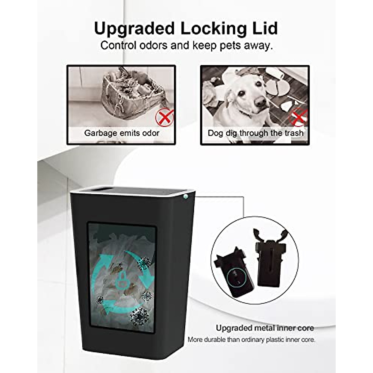 PHOJEWI Small Bathroom Trash Can with Lid, 2 Packs 2 Gallon Dog Proof Trash Can Black Wastebasket Slim Plastic Trash Can for Bedroom Office Kitchen Garbage Can