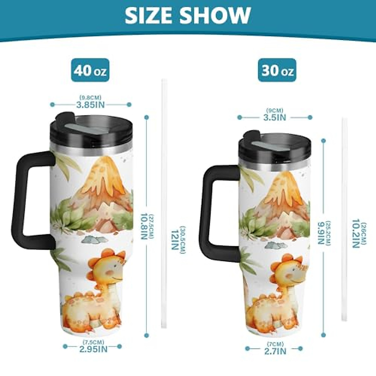 FRCSDIY Cartoon Dinosaur Insulated Tumbler with Handle and Straw Lid,30oz Leakproof Stainless Steel Cup BPA-Free Water Bottle