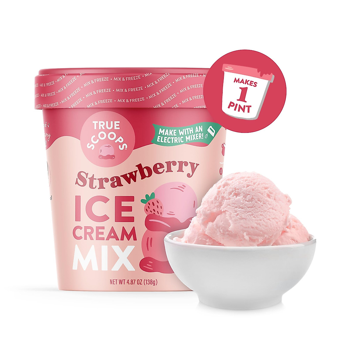 True Scoops 6-Pack Strawberry Ice Cream Mix. Makes 1 Pint of Premium, Homemade Ice Cream With an Electric Mixer. Made With Real Strawberries. Gluten-Free, Peanut-Free, and Kosher.