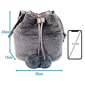 Ships From US-Women Faux Fur Shoulder Bag Handbag Bucket Bag Drawstring Bag Cross Body Bag (Gray 5)