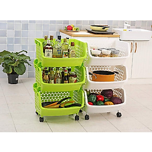 HWJX 3-Tier Plastic Storage Rack Box Stand Stacking Stackable Basket Storage Organize,White/Green (Green)