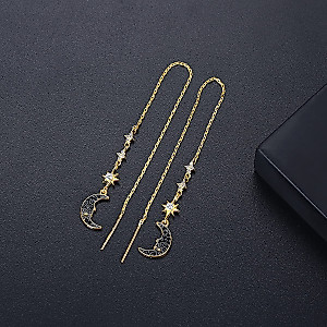 Black CZ Moon Threader Dangle Drop Earrings for Women Girls 14K Gold Plated Crystal Rhinestone Tiny Stars Ear Lines Tassel Chain Dangling Statement Earring Dainty Jewelry