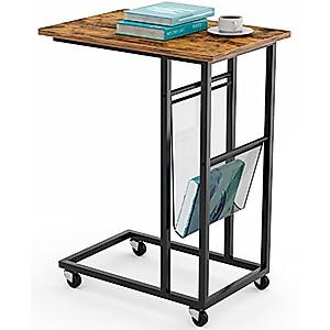 EKNITEY Small Couch Side Table - 21.8 * 13.9" Enlarged Tabletop Industrial End Table Convenient C Shaped Snack Table with Side Pocket for Living Room, Laptop, Bedroom, and Small Spaces (Rustic Brown)