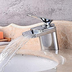 HOONWEAR Kitchen & Bath Fixtures Taps Faucet,Wide Mouth Single Hole Copper Basin Waterfall Faucet Bathroom Wash Basin Waterfall Hot and Cold Water Faucet Mixer Tap Faucet, CF001