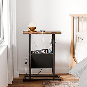 LAKEMID Narrow Side Table Set of 2 with Charging Station, Skinny Side Tables with Storage, Slim End Tables for Small Spaces with USB Ports for Living Room, Bedroom, Rustic Brown