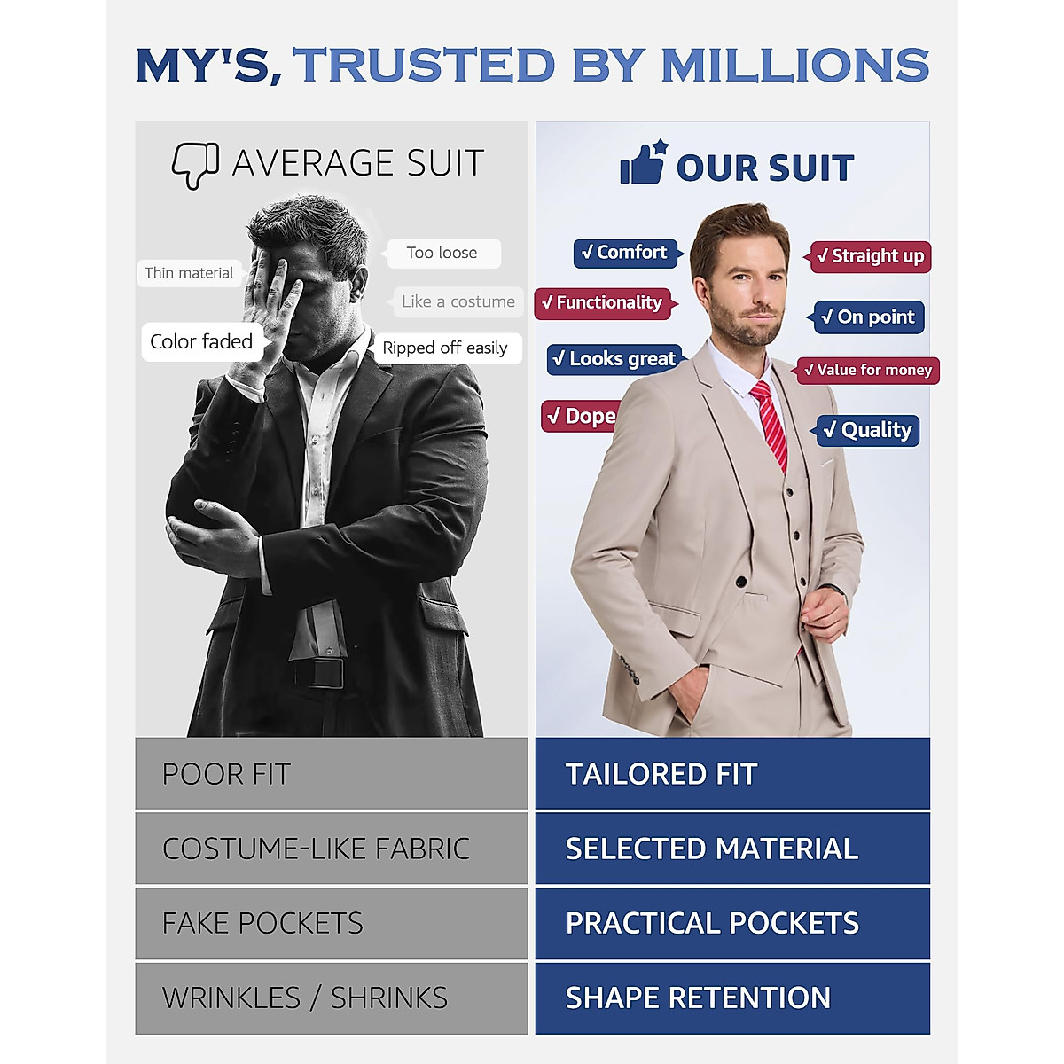 MY'S Men's 3 Piece Slim Fit Suit Set, One Button Solid Jacket Vest Pants with Tie Deep Blue X-Small