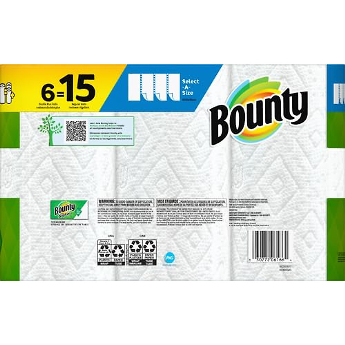 Bounty Select-A-Size Paper Towels, 6 Double Plus Rolls, White, 113 Sheets Per Roll