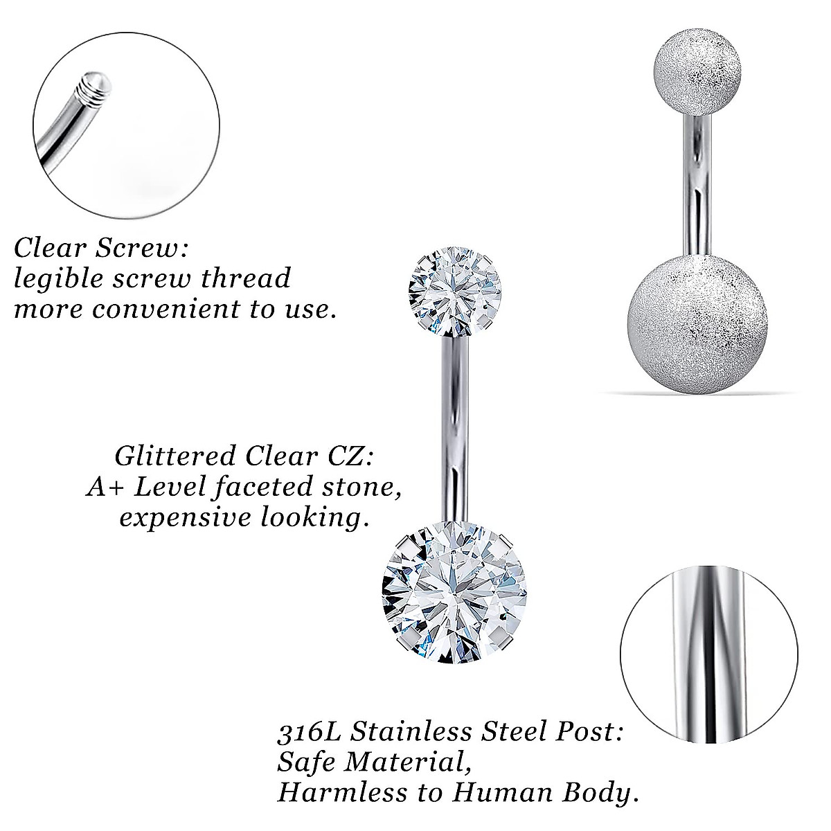 14G Belly Button Rings Belly Rings for Women Men Stainless Steel CZ Belly Piercing Jewelry Surgical Steel Clicker Belly Button rings Curved Navel Ring Barbell Body Jewelry Piercing Silver 14mm 6Pcs