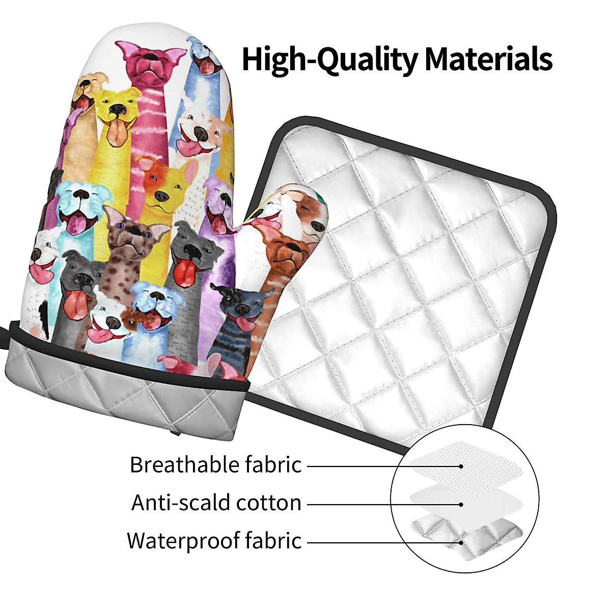 Cute American Pit Bull Terrier Dogs Puppy Lovers Colorful Tie Dye Oven Mitts and Pot Holders Sets Reusable Soft Cotton Heat Resistant Oven Gloves For Kitchen Microwave BBQ Baking Print Oven Mitt Gifts