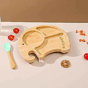 Mamimami Home Bamboo Baby Plate - Silicone Suction - Toddler Food Plate with Fork and Spoon - Baby Led Weaning Plate Feeding Utensils Set, BPA Free （Green Elephant）