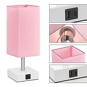 Ambimall Touch Control Table Lamp with 2 USB Charging Ports, 3 Way Touch Lamps Beside Desk, Nightstand Lamp for Bedrooms Living Room, Pink Shade with White Base, LED Bulb Included(Pink)