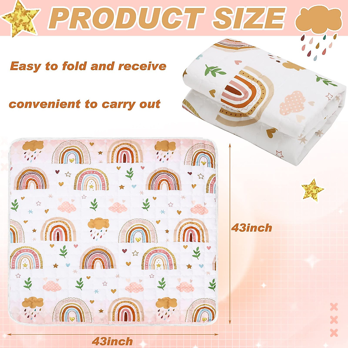 Boho Rainbow Baby Play Mat Portable 43 x 43 Inch Crawling Mat Washable Non Slip Foldable Tummy Time Mat Kids Floor Mat Playpen Mat for Babies Infants Toddlers Floor Playpen Tummy Time Activity