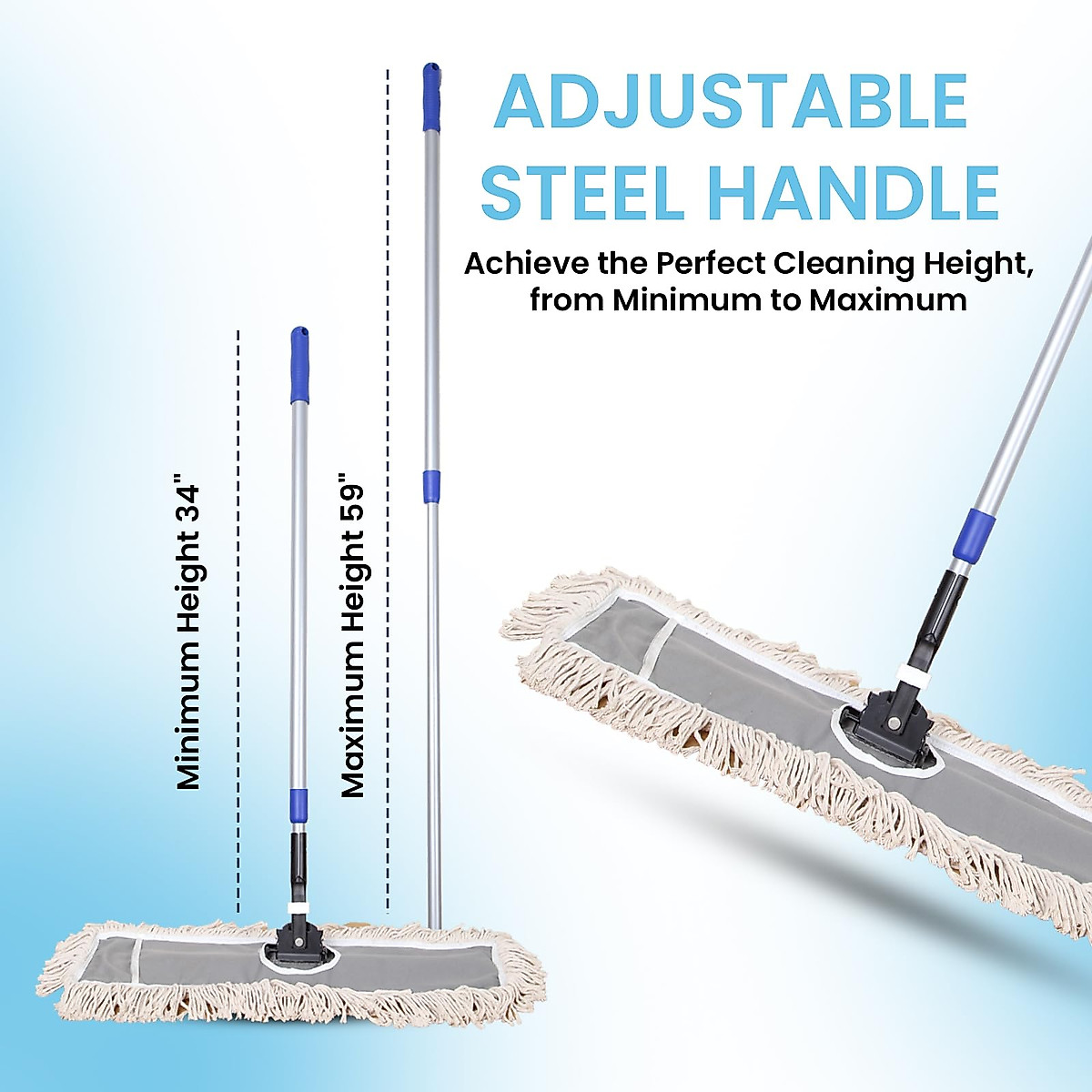 JINCLEAN 24" Industrial Cotton Floor Dust Mop with adjustable Steel Handle - Commercial Mops for Hardwood, Tiles, Laminate, Vinyl, Garage epoxy, Bamboo surface cleaning and Flooring Push Dust Broom