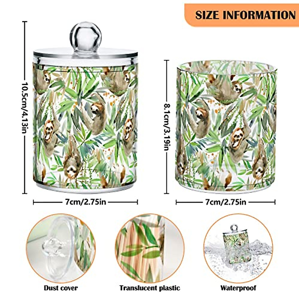 AMmao 2 Pack Cotton Swab Holder Dispenser Bathroom Set Apothecary Jars with Lid Watercolor Sloth Tropical Plant Plastic Bathroom Container Storage Organization for Cotton Ball Rounds Floss