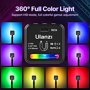 ULANZI L2 RGB COB Video Light Mini Cube Lights, LED Camera Light 360° Full Color Portable Photography Video Lighting, 800mAh Rechargeable & Magnetic Designs and 11 Dynamic Light Effects