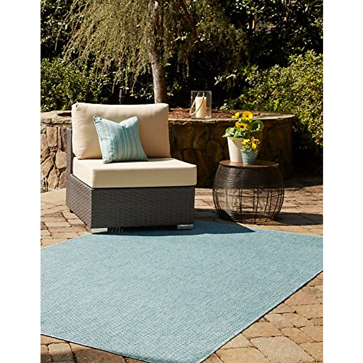Unique Loom Collection Casual Transitional Solid Heathered Indoor/Outdoor Flatweave Area Rug (5' 3" x 8' Rectangle, Aquamarine/Ivory)