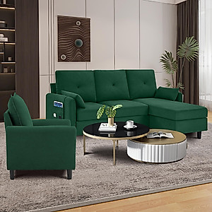 Tornama Sectional Sofa Set 77" Convertible Sofa and Accent Chair Small 3 Seat L Shaped Couch with Reversible Ottoman and Side Pockets, Modern Linen Sofa Couch for Living Room, Office, Apartment, Green