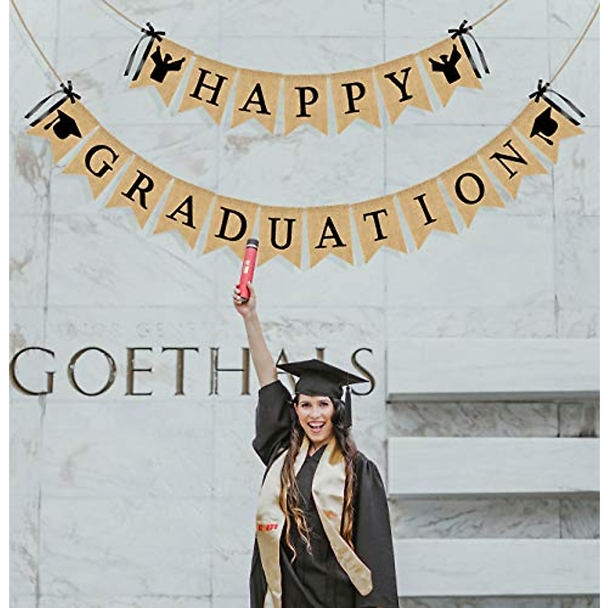 JOZON Happy Graduation Burlap Banner Jute Graduation Bunting Banner Garland 2021 Graduation Decorations Grad Party Decor for College, Senior, High School Party Supplies