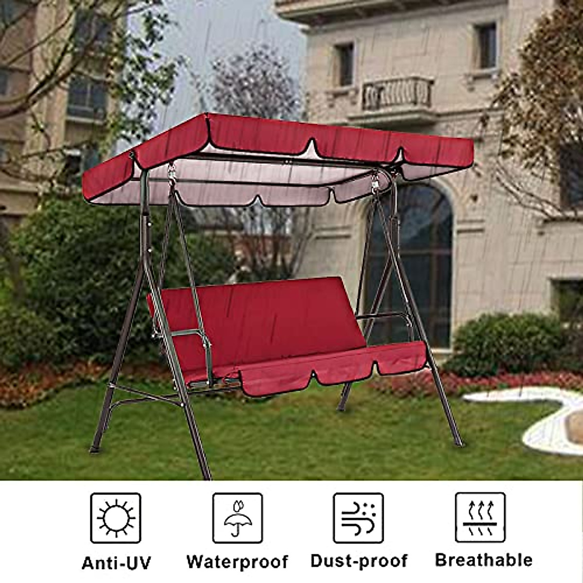 Universal Replacement Canopy Garden Swing Seat with String Light, Swing Seat 2 or 3 Seater Great Waterproof Swing Seat Canopy for Sun Shade Outdoor Seat Hammock,Red-195 * 125 * 15cm