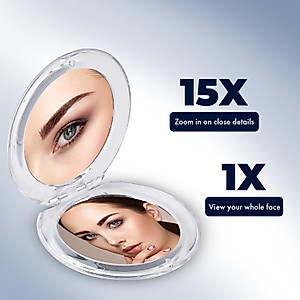 MIRRORVANA Small Compact 15X Magnifying Mirror for Travel - Handheld, Foldable & Very Lightweight - Mini Pocket-Sized Magnified Mirror for Purse - Round 3.3” Diameter