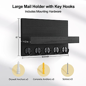 Lwenki Key Holder Wall Mount - 9.8" x 6.7" x 4.2" Entryway Organizer with 5 Metal Hooks Holds Wallet, Sunglasses, Bags, Dog Leash - Real Paulownia Wood Decorative Key Hanger with Shelf (Black)